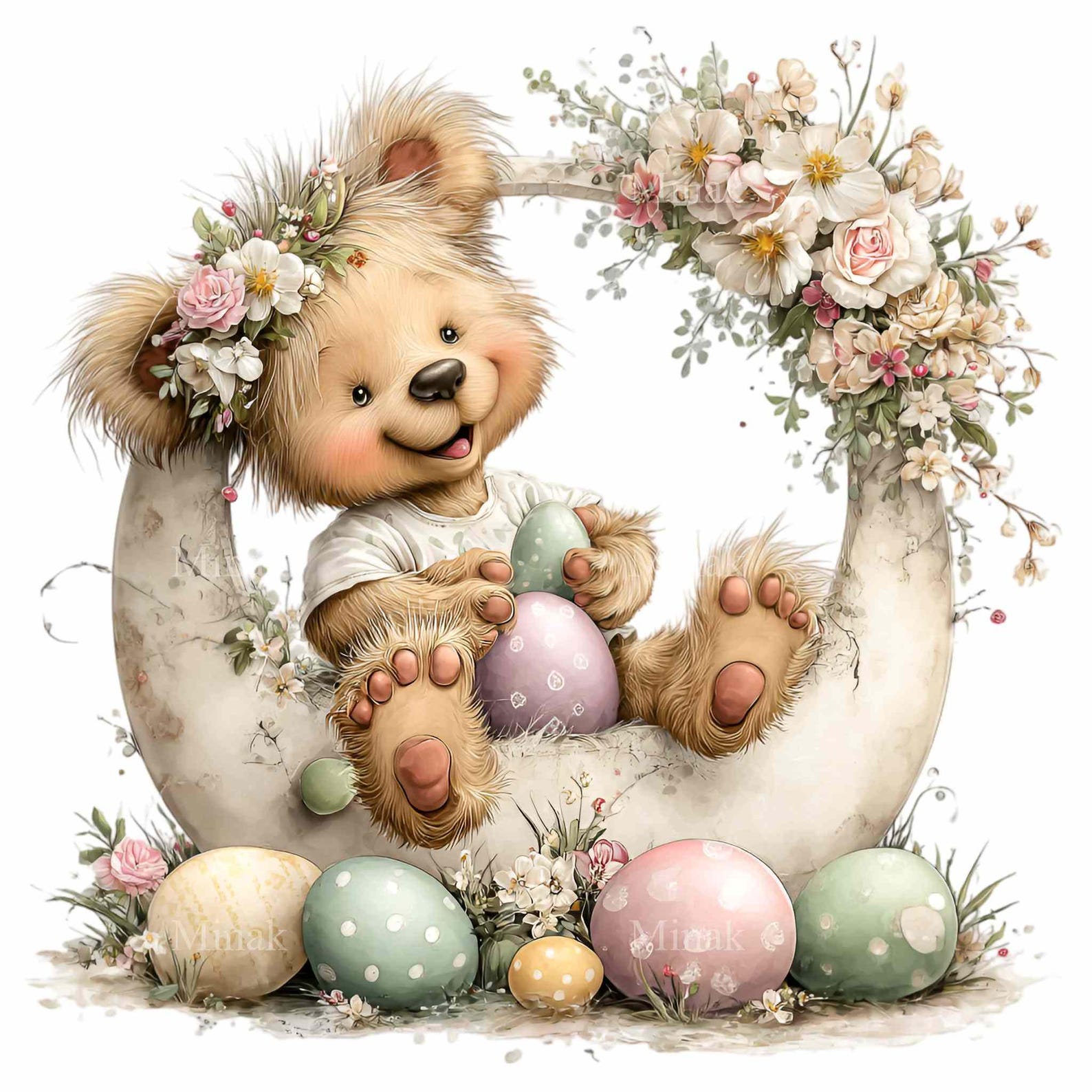 15 PNG Easter Bear, Floral Clipart With Eggs, Spring Nursery Animal ...