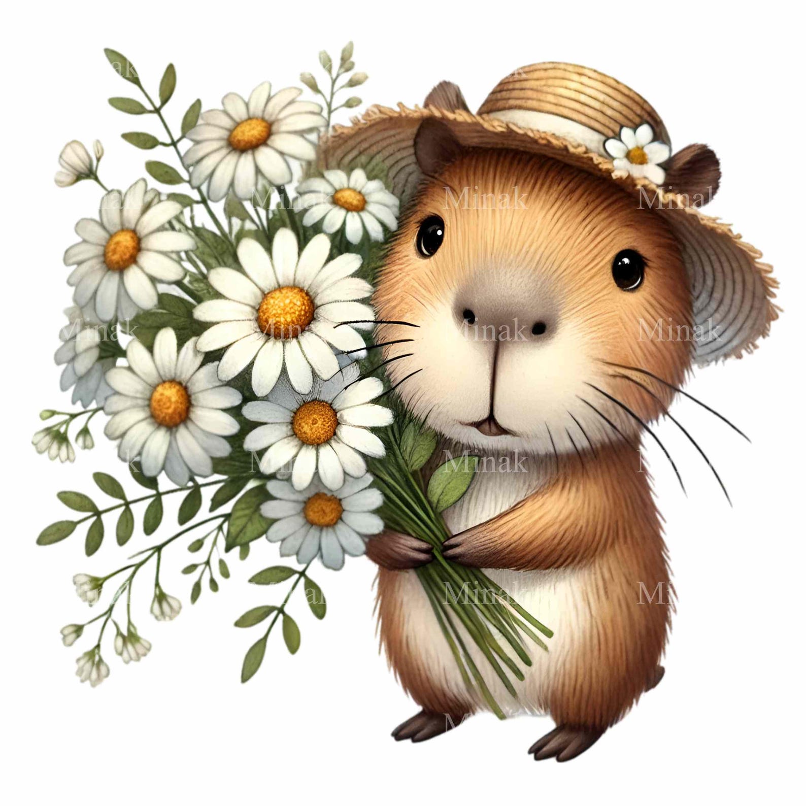 12 PNG Capybara Daisy Bouquet, Whimsical Animal Clipart, Floral Rodent ...