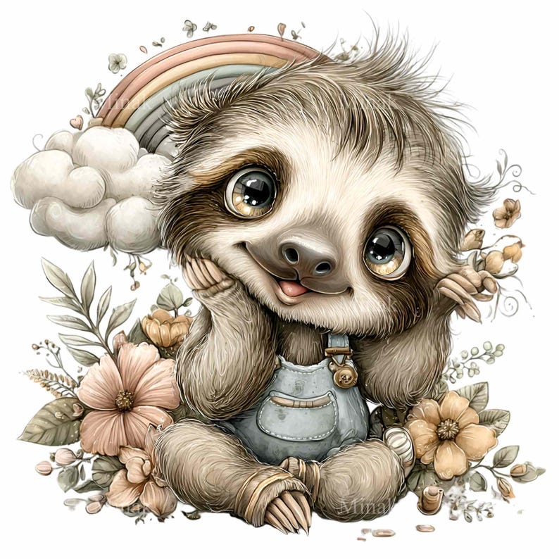 15 PNG Watercolor Sloth Clipart, Floral Rainbow Sublimation Design - Etsy