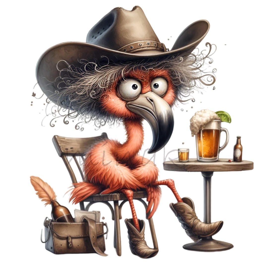 10 Cowboy Flamingo PNG – Funny Western Bird Clipart With Beer and Hat ...