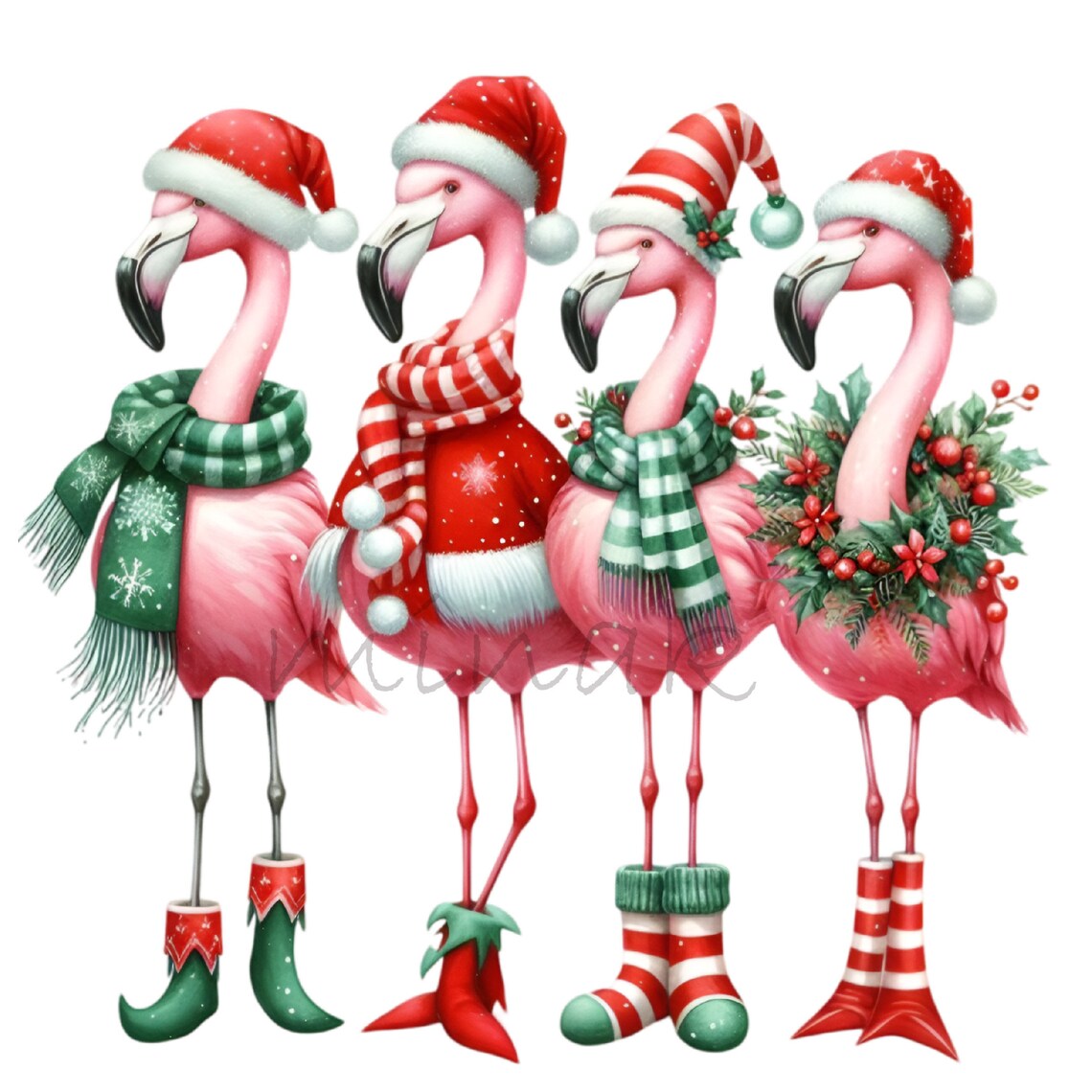 Christmas Flamingos Clipart, 12 Festive Holiday Flamingo PNG, Santa and ...