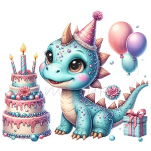 Cute Birthday Dinosaur Clipart, 14 Party Dino With Cake and Balloons ...