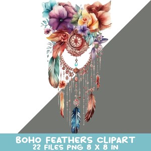 Feathers Clipart Bundles, 22 PNG Boho Watercolor Beaded Plumes Garland ...