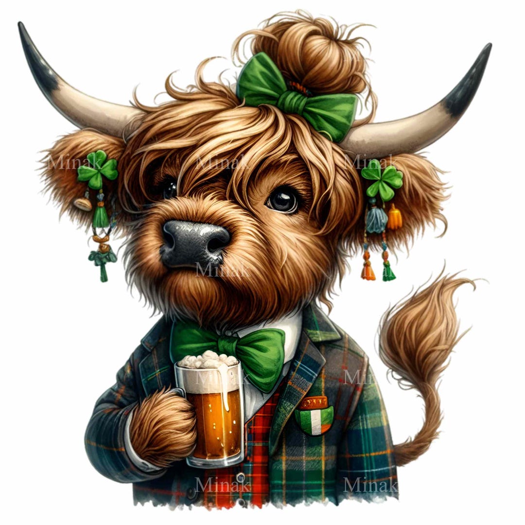 Irish Highland Cow Clipart With Green Bow and Beer - 12 Cute PNG Art ...