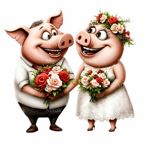12 Pig Wedding PNG Clipart, Cute Pig Couple Art, Bride and Groom Pigs ...