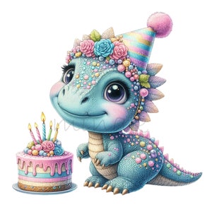 Cute Birthday Dinosaur Clipart, 14 Party Dino With Cake and Balloons ...