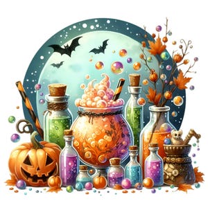 Colorful Halloween Potions and Pumpkins Watercolor Clipart 12 Festive ...