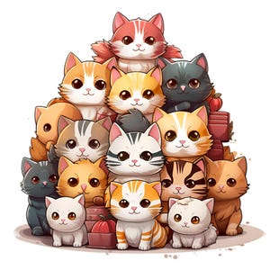 Cute Cats Clipart, 15 Adorable Cat Pyramid PNG, Kawaii Cat Illustration ...
