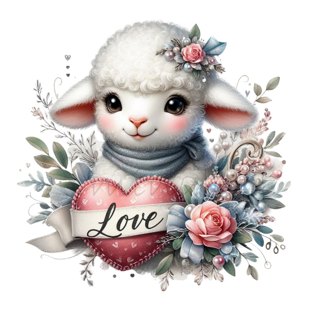 Cute Lamb Clipart PNG - 12 Lamb With Heart and Flowers - Digital Love ...