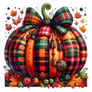 Plaid Pumpkin Clipart With Autumn Leaves and Wheat, Rustic Fall Decor ...