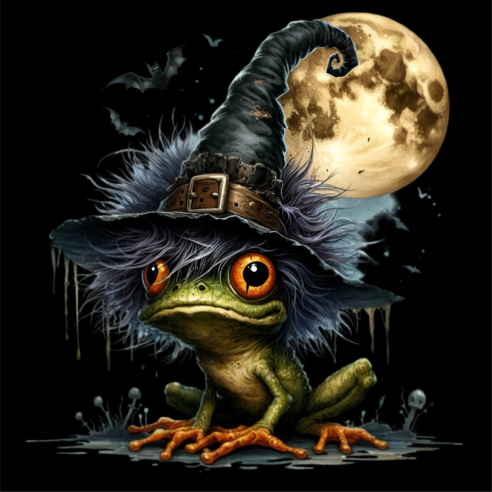 Witch Frog Clipart 12 Magical Moon & Bat PNG, Halloween Illustration ...