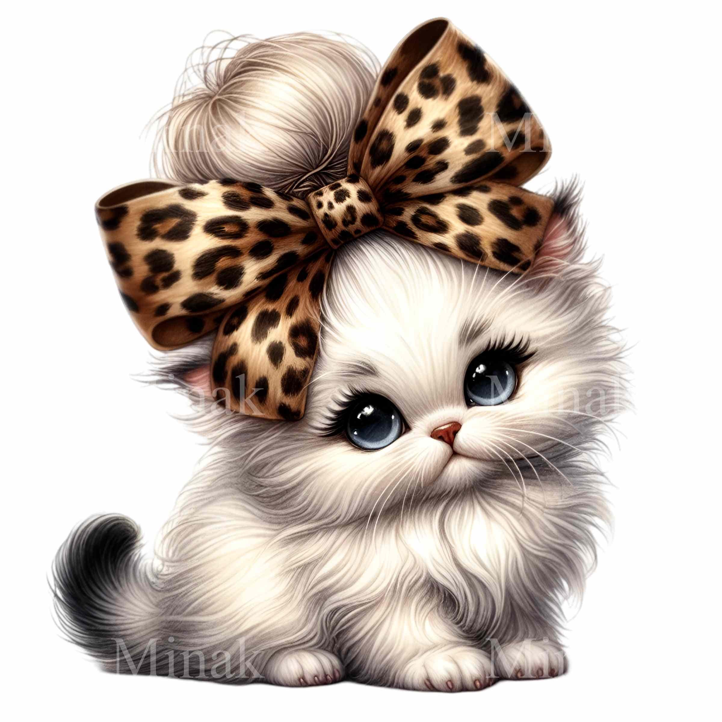 12 PNG Fluffy White Kitten Clipart, Watercolor Cat Leopard Bow Pet Art ...