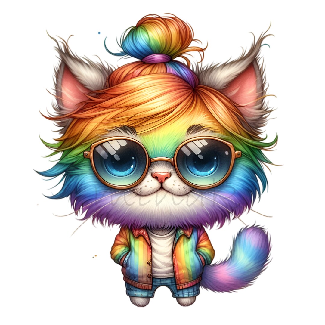 15 PNG Rainbow Cat, Pride Kitten Sublimation, Colorful Messy Bun Cat ...