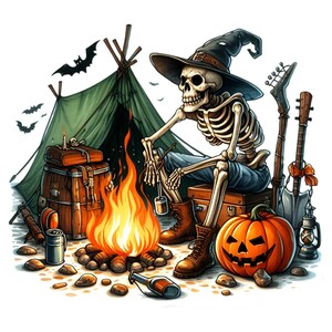 Skeleton Camping Halloween Clipart PNG 14 Spooky Campfire Scene With ...