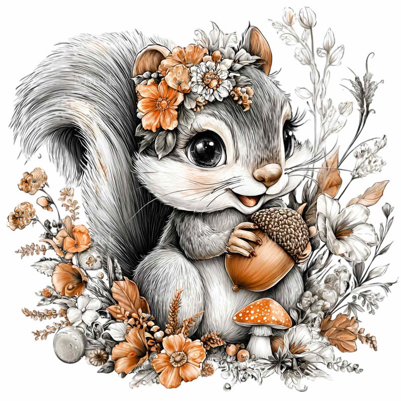 10 PNG Autumn Squirrel – Cute Woodland Animal Clipart – Fall Acorn Art ...
