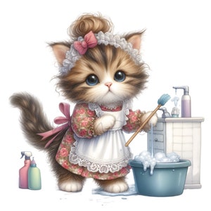 Cleaning Cat Clipart PNG 14 Adorable Kitten With Mop and Toilet ...