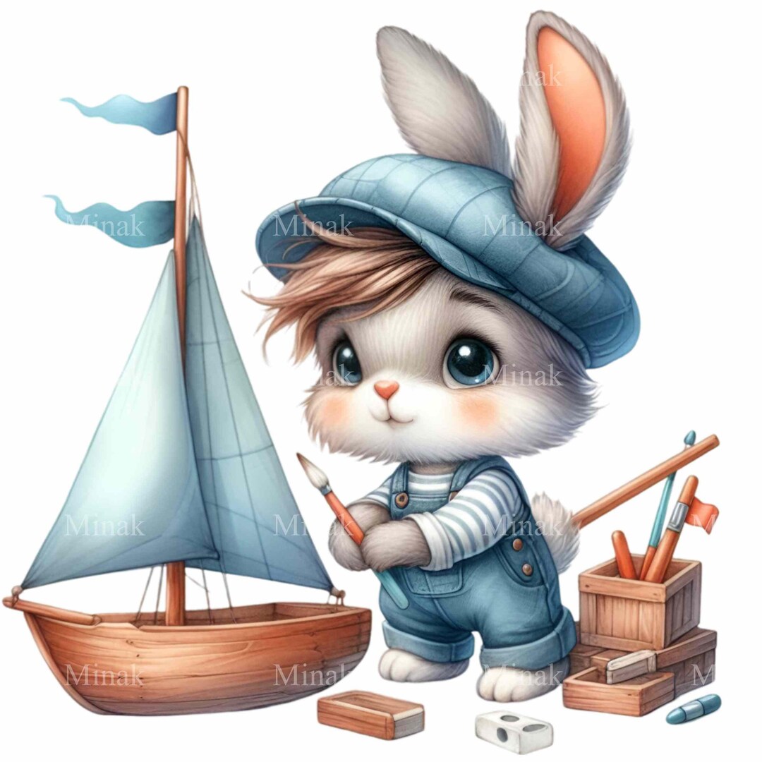 Bunny in Overalls With Sailboat PNG Clipart - 10 Cute Baby Rabbit ...