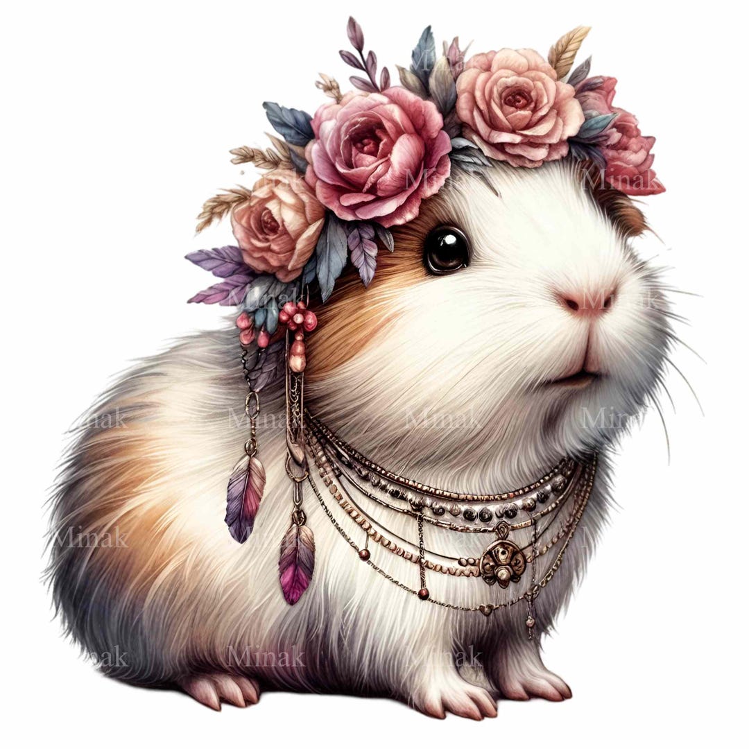 15 Cute Guinea Pig PNG Clipart With Floral Crown and Jewelry | Fluffy ...