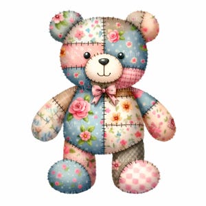 Patchwork Bear PNG Clipart | 12 Cute Quilted Bear Illustration | Floral Patterned Stuffed Animal ...