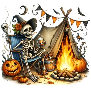 Skeleton Camping Halloween Clipart PNG 14 Spooky Campfire Scene With ...