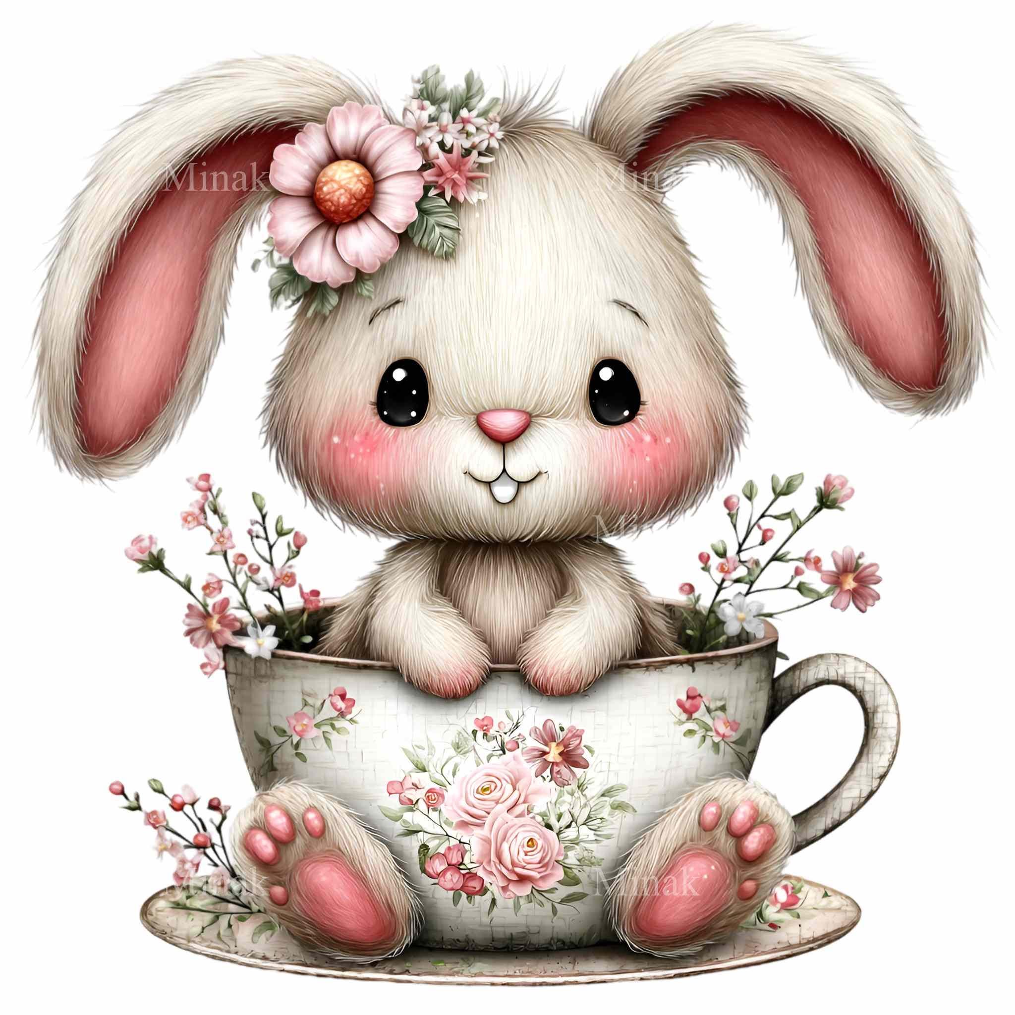 16 PNG Bunny Teacup Clipart, Floral Watercolor Rabbit Illustration ...