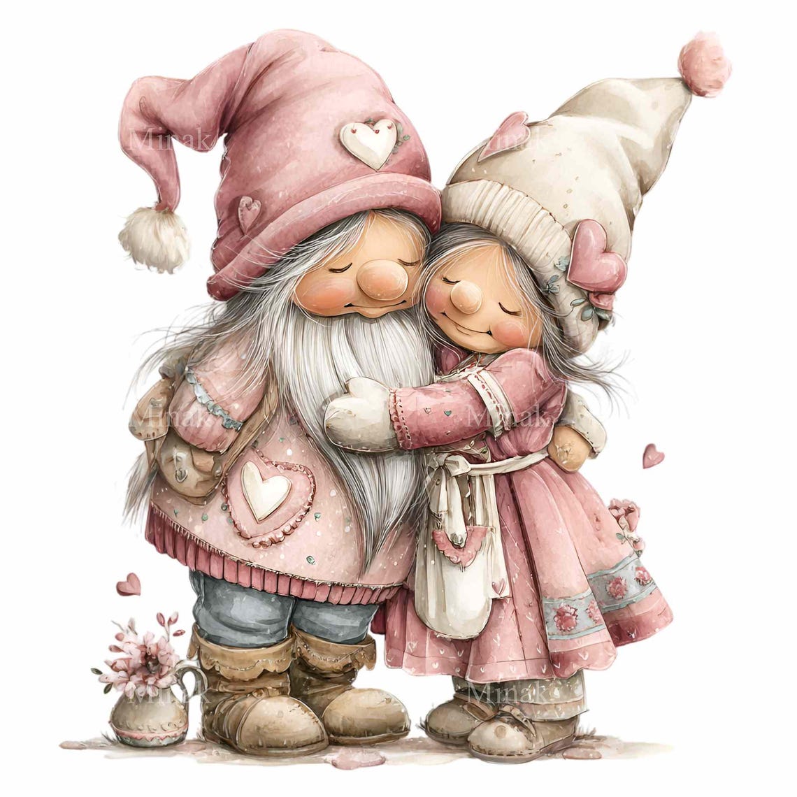 15 PNG Gnome Couple Clipart, Watercolor Love Gnomes Hugging Hearts ...