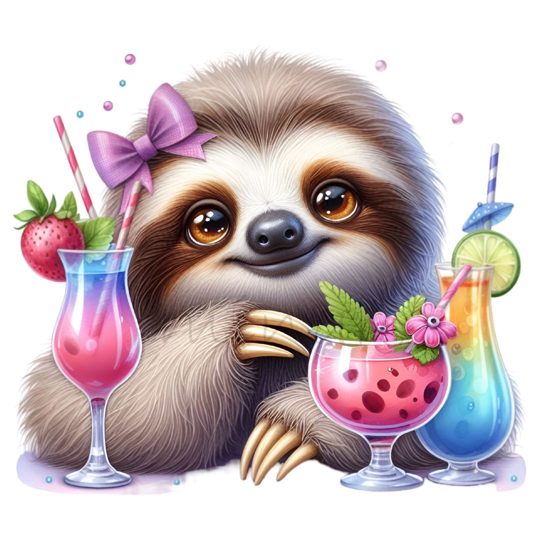 Sloth Summer Drinking Cocktails 12 PNG Funny Party Graphics Cartoon ...