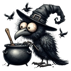 Crazy Crow With Witch Hat and Cauldron 12 PNG Quirky Bird Funny Cartoon ...