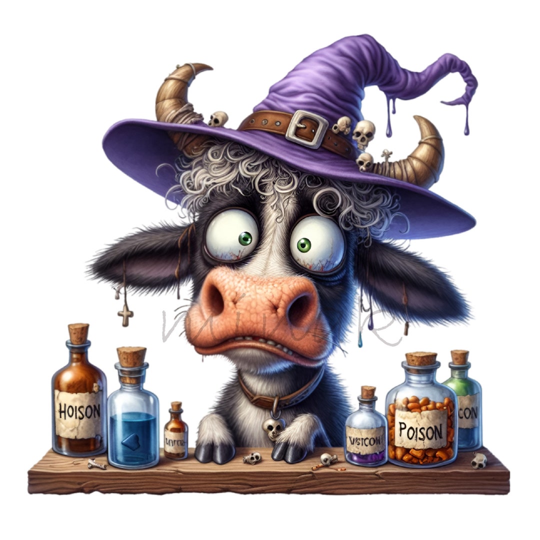 15 Witch Cow PNG Clipart – Funny Calf in Purple Hat With Skull Decor ...
