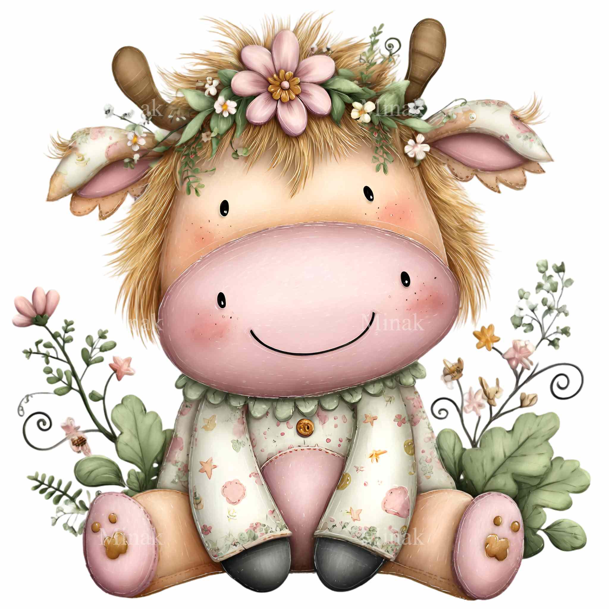 18 PNG Floral Baby Cow Clipart – Cute Spring Cow With Flower Crown and ...