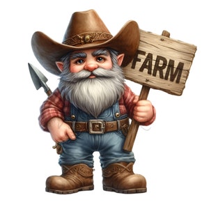 15 Farm Gnome PNG Clipart With Cowboy Hat, Plaid Shirt, Tool Bag & Farm ...