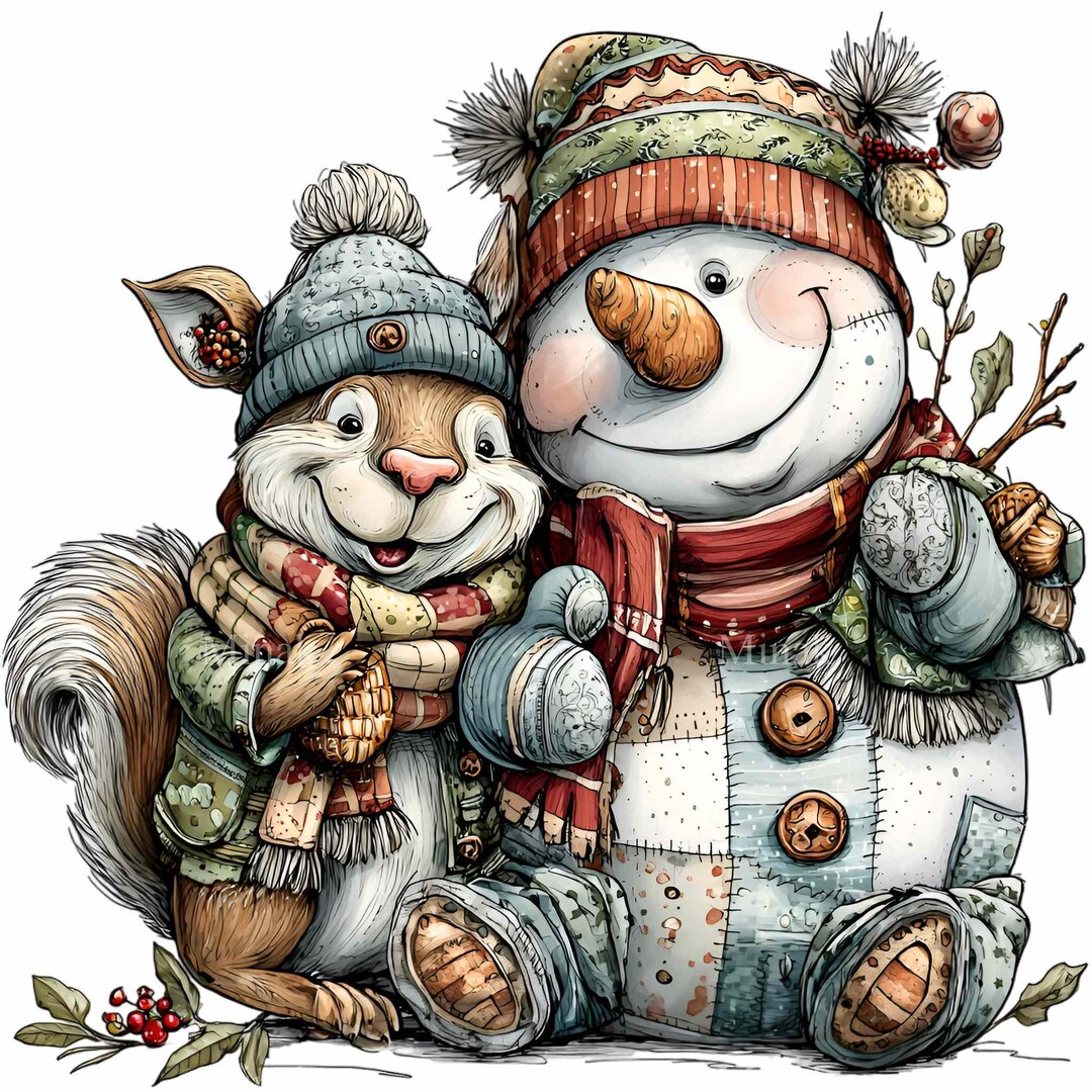 10 PNG Winter Friends Clipart – Snowman Squirrel PNG – Cute Holiday for ...