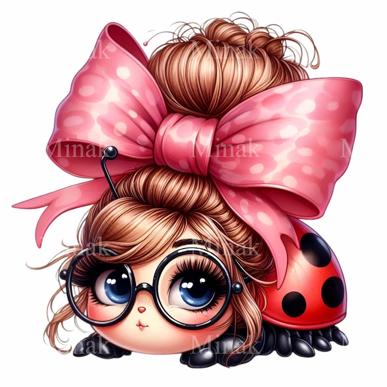 Ladybug Girl Clipart - 15 Cute Character With Pink Bow and Glasses PNG ...