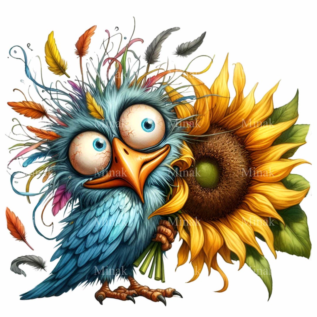 12 Funny Bird PNG With Sunflower PNG Clipart, Wild Eyed Fluffy Bird Art ...