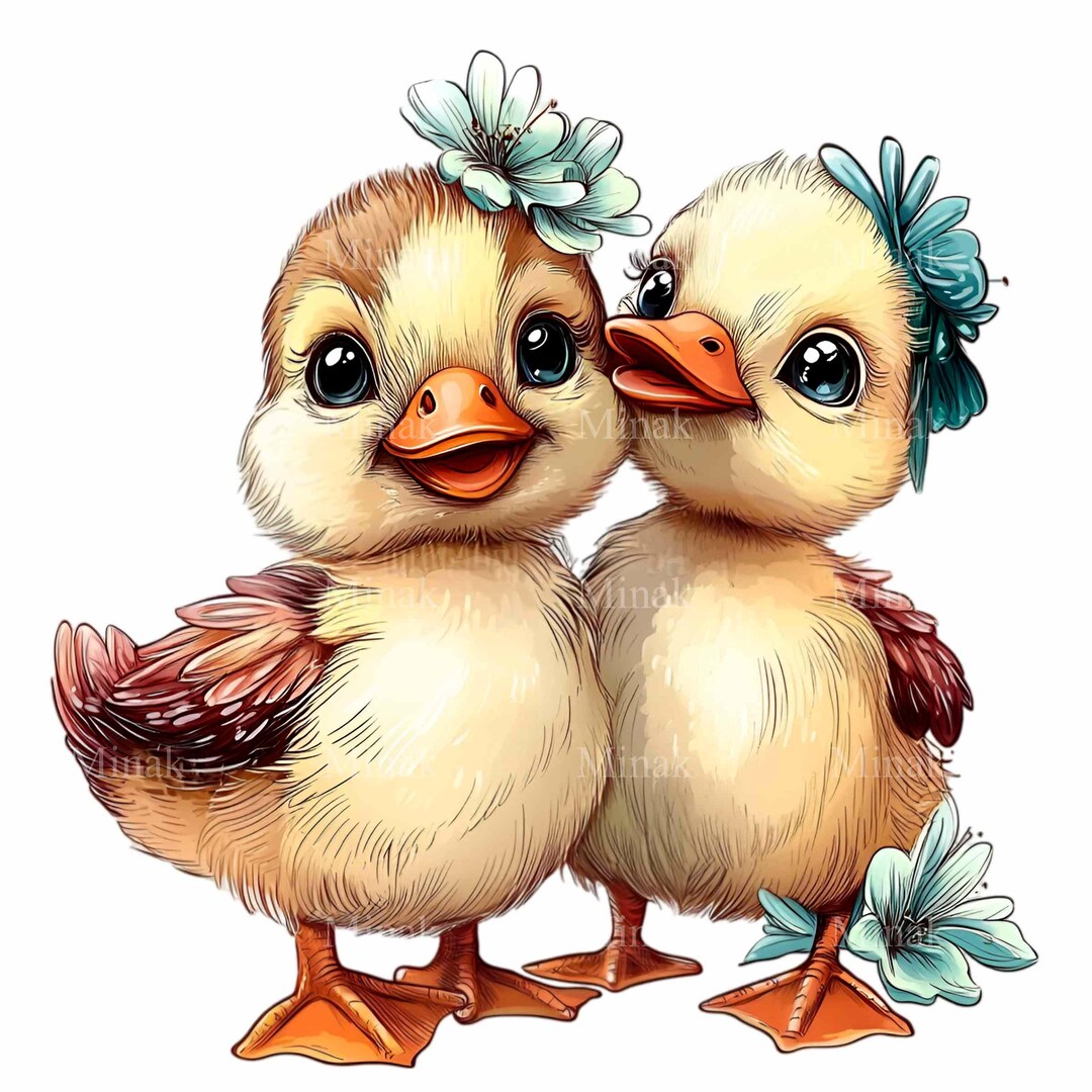 12 Cute Duckling Pair PNG Clipart - Adorable Ducks With Flowers - Fun ...