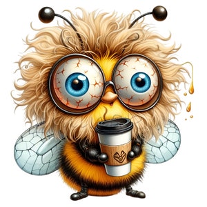 Quirky Bee Drinking Coffee 12 PNG Funny Autumn Kids Comics Cartoon ...