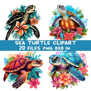 Sea Turtle Clipart Set, Tropical Ocean Illustration, Floral Turtle PNG ...