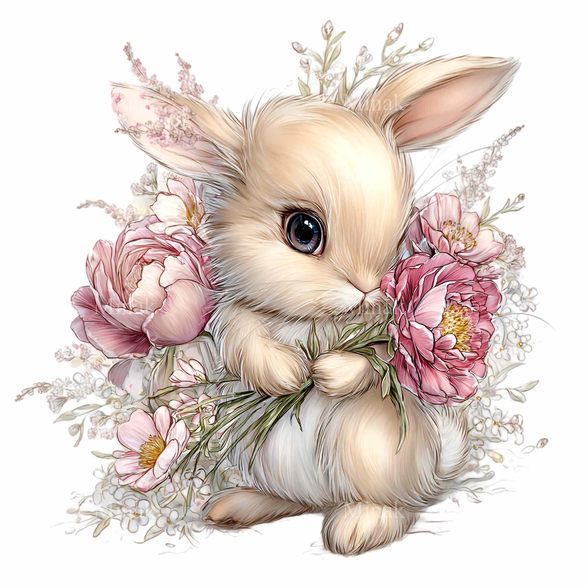 10 PNG Floral Bunny Clipart – Spring Rabbit With Rose Bouquet for ...