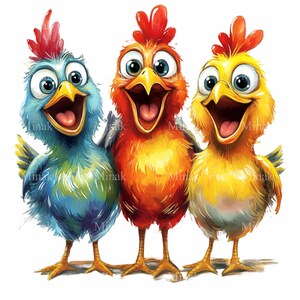 12 Colorful Chickens PNG Clipart - Three Cheerful Cartoon Hens in ...