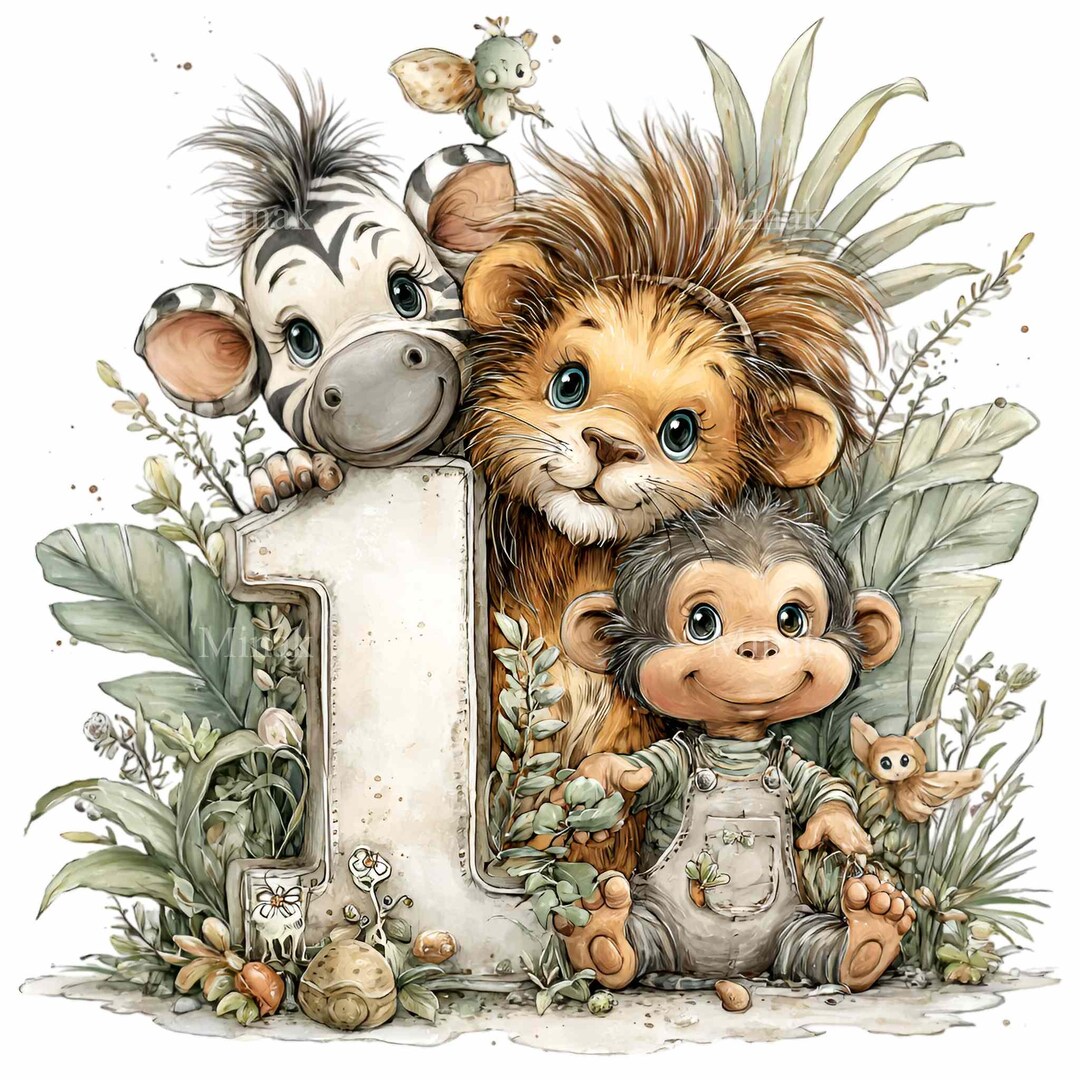 12 PNG Jungle Animals Number 1 Clipart – Safari First Birthday PNG for ...
