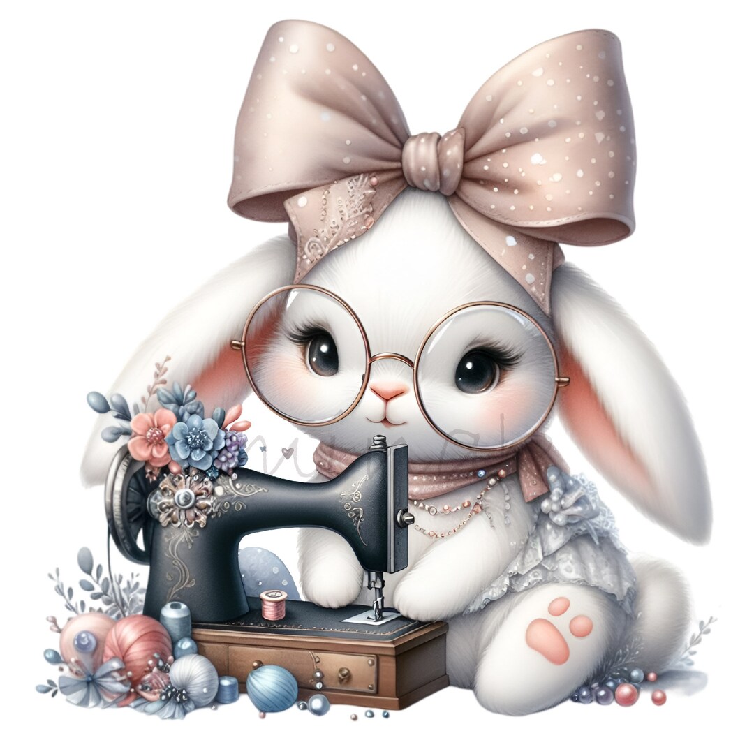 Sewing Bunny Clipart, 10 Cute Bunny With Sewing Machine PNG, Crafty ...