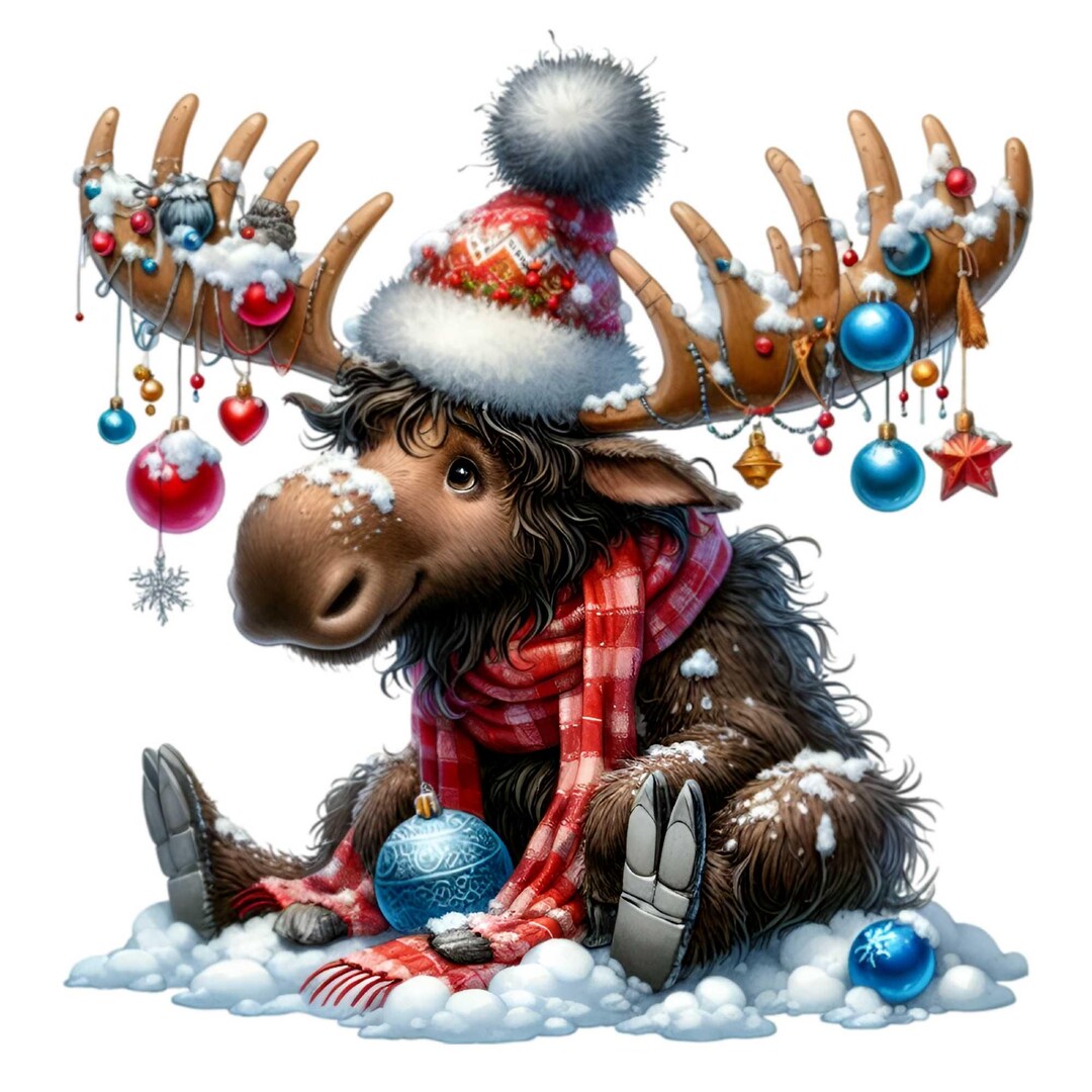 10 Funny Christmas Moose PNG Clipart With Hat, Scarf, and Decorated ...