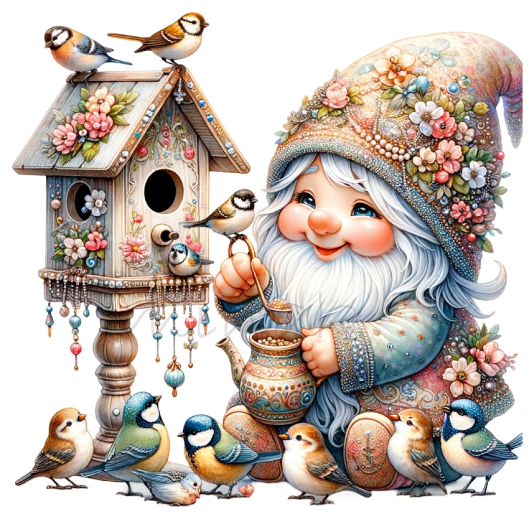 Garden Gnome With Birdhouse Clipart, 12 Cute Gnome Feeding Birds PNG ...
