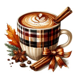 Plaid Fall Coffee Cup Clipart PNG - 15 Autumn Latte With Cinnamon ...