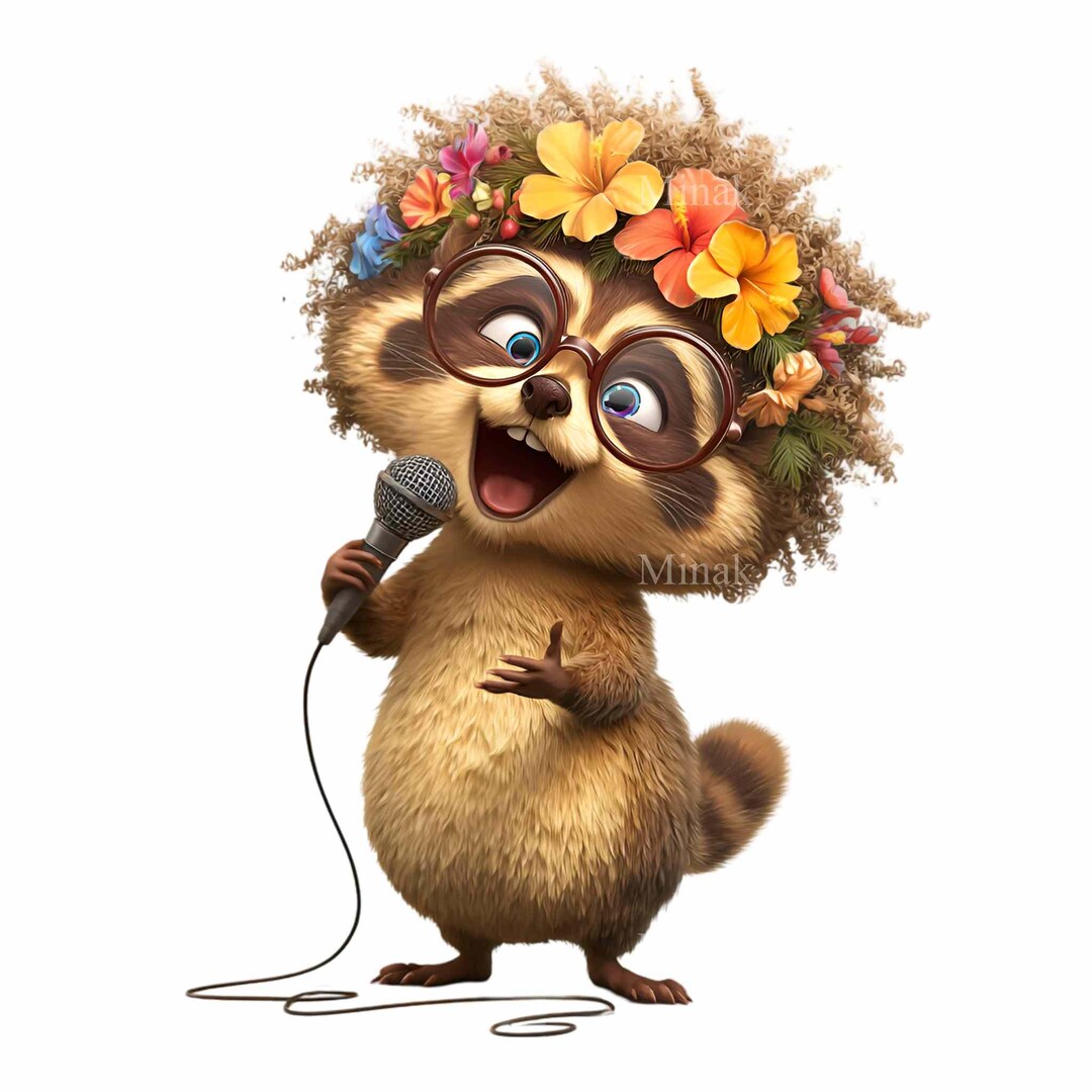 16 PNG Singing Raccoon Clipart – Floral Music Character With Microphone ...