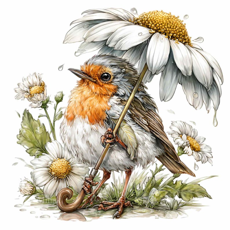 15 PNG Robin Bird Clipart, Daisy Umbrella Garden, Spring Floral ...