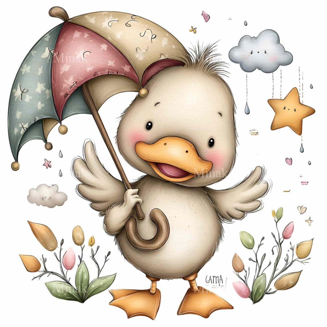 16 PNG Duck With Umbrella Clipart – Cute Baby Duckling With Stars and ...