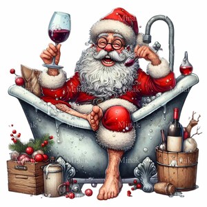 12 Santa in Bathtub PNG Clipart Relaxing Santa With Wine Festive ...