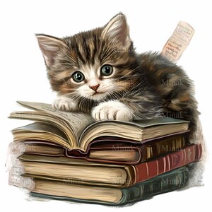 14 Kitten in Bookshelf PNG Clipart – Cute Library Cat With Vintage ...