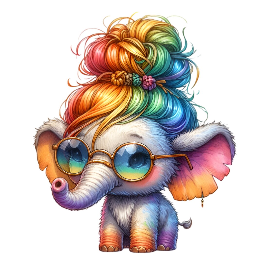 10 PNG Rainbow Messy Bun Elephant, Hippie Animal Clipart - Etsy